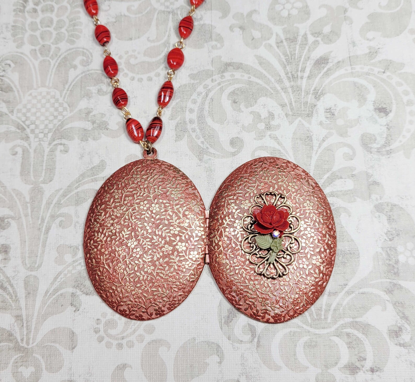 Vintage Locket Necklace, Red Hand Painted Locket, Victorian Locket ...