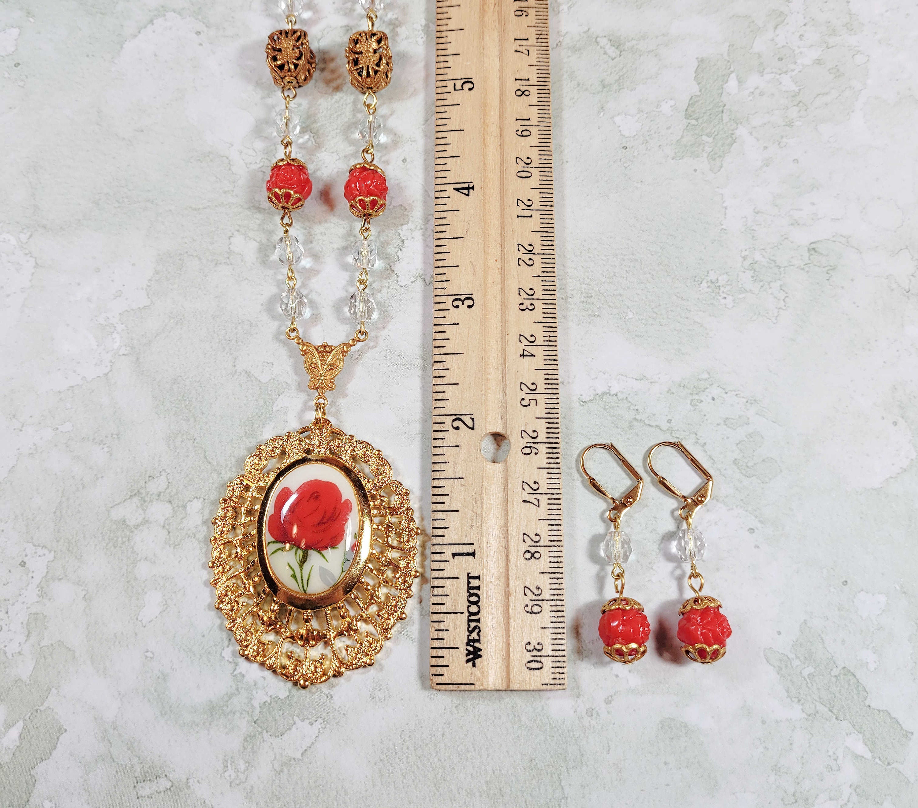 Red Rose Cameo Necklace Set Porcelain Rose Pendant Gold Tone | Etsy
