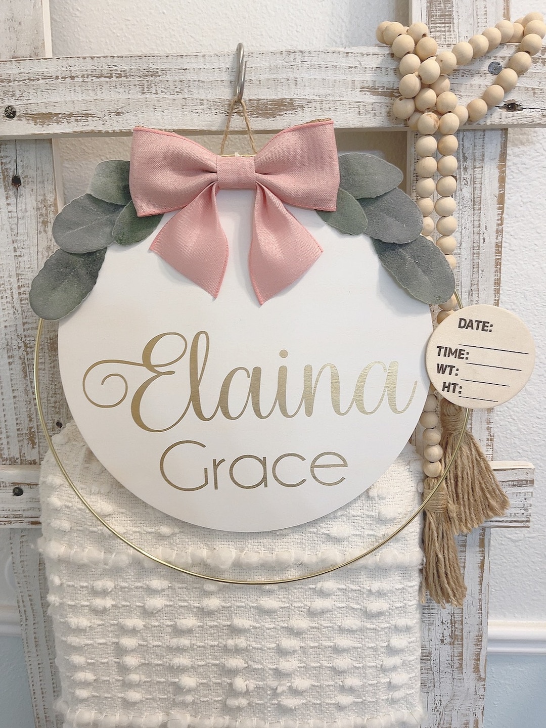 Shabby Chic Hoop Hospital Door Hanger With Birth Stats Clip / Baby Name ...