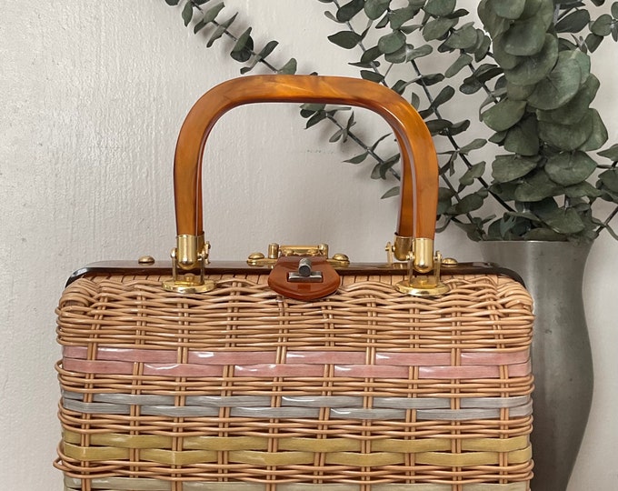 1950s 1960s Stylecraft Miami Pastel Coated Woven Wicker Purse, Vintage ...