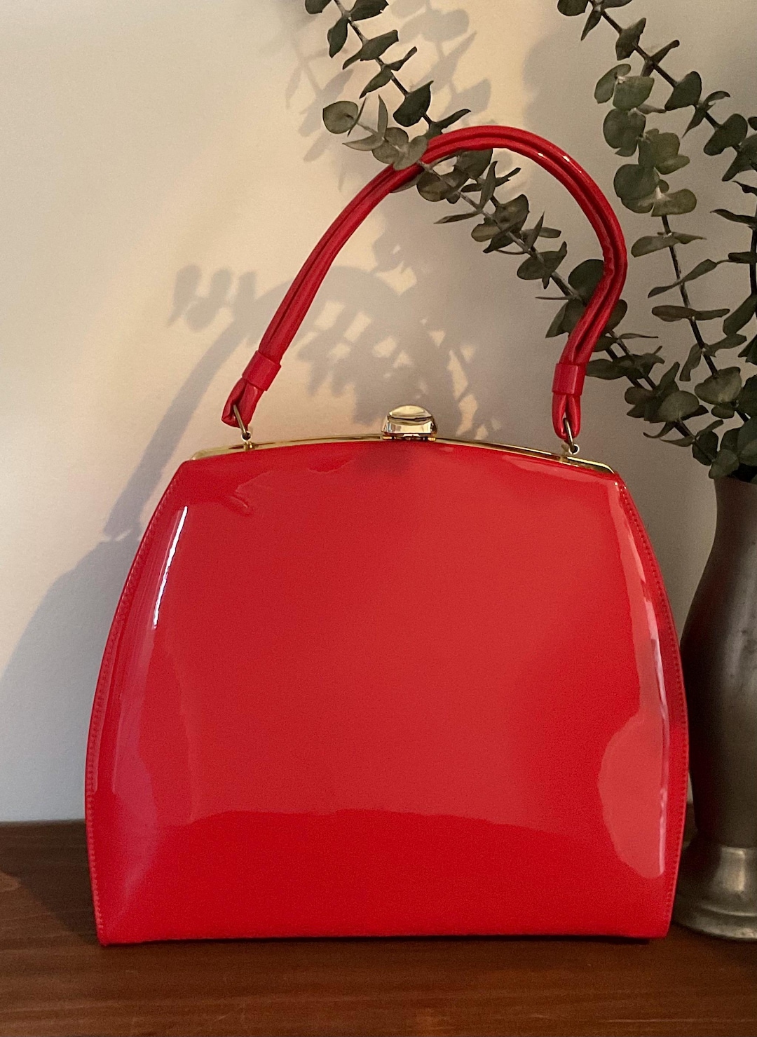 1950s 1960s Red Vinyl Top Handle Handbag, Vintage Purse, Mid Century ...