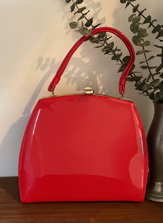 1950s 1960s Red Vinyl Top Handle Handbag, Vintage Pur… - Gem
