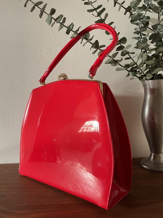 1950s 1960s Red Vinyl Top Handle Handbag, Vintage Pur… - Gem