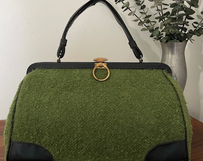 1950s 1960s Green Boucle Wool Handbag, Vintage Top Handle Purse, Mid ...