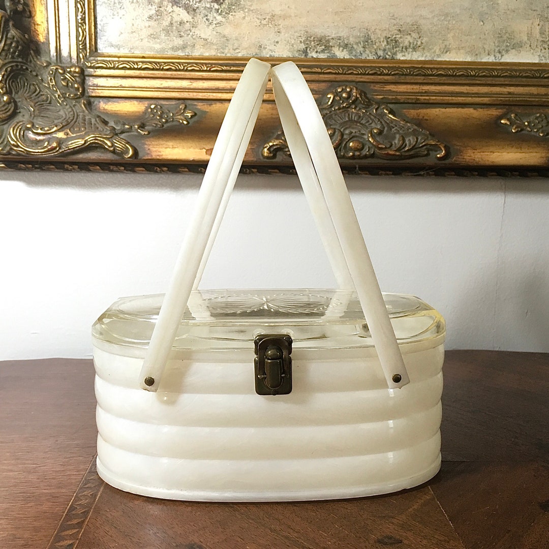 1950s White Marbleized Lucite Box Bag, Vintage Acetate Molded Purse ...