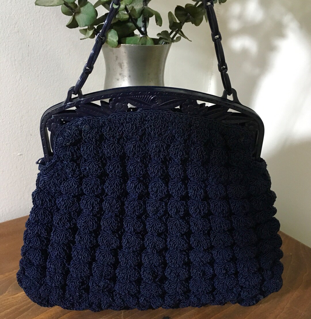 1930s 1940s Art Deco Navy Blue Crocheted Popcorn Purse, Vintage Purse ...