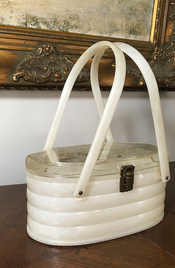 1950s White Marbleized Lucite Box Bag, Vintage Acetat… - Gem