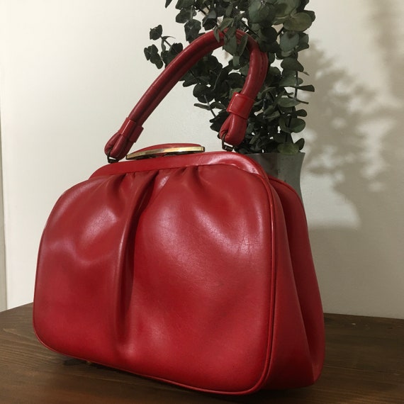 1950s 1960s Red Vinyl Top Handle Handbag, Vintage Ret… - Gem