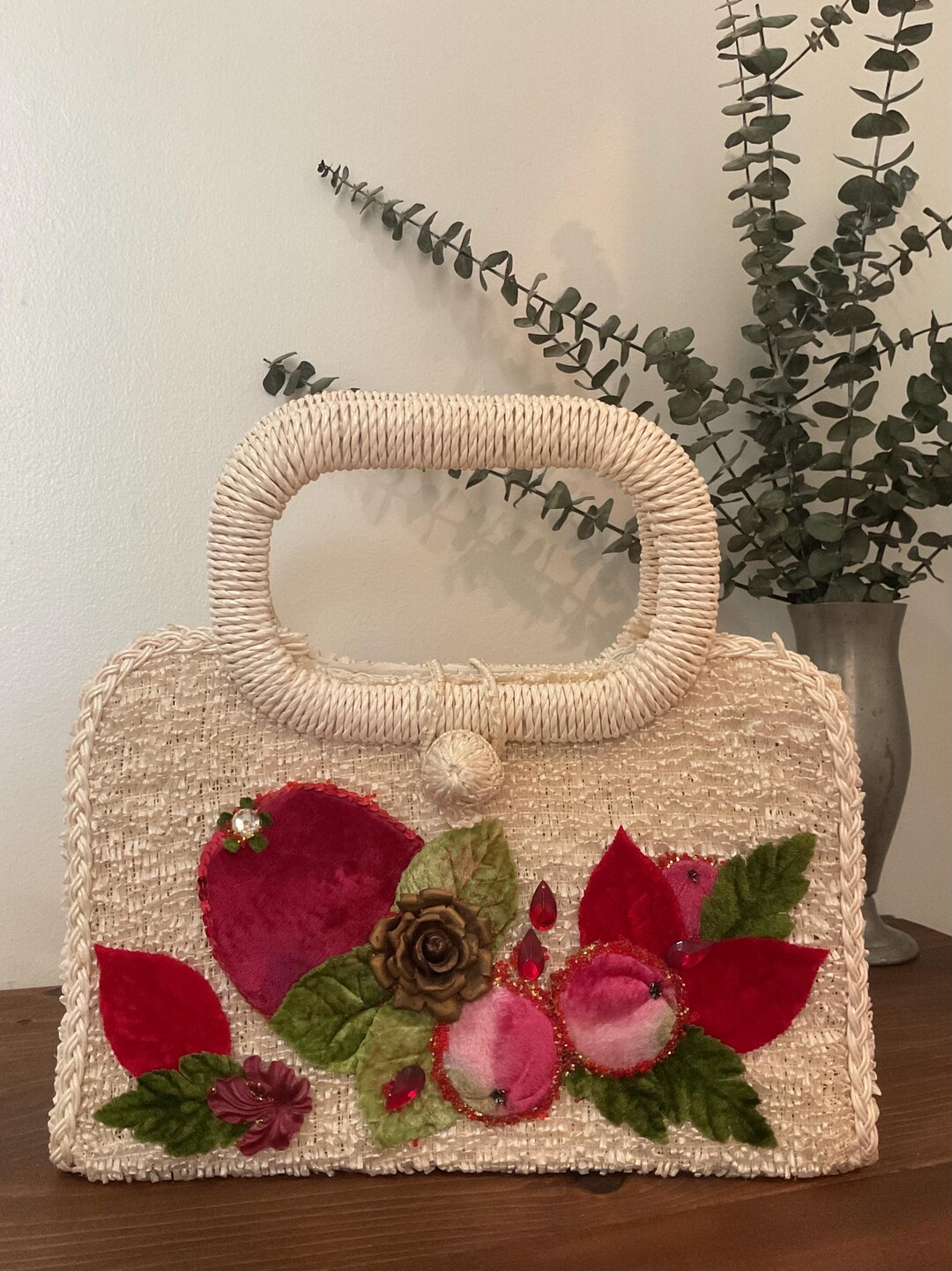 1850s Raffia Straw Floral Top Handle Purse, Vintage Handbag, Mid ...