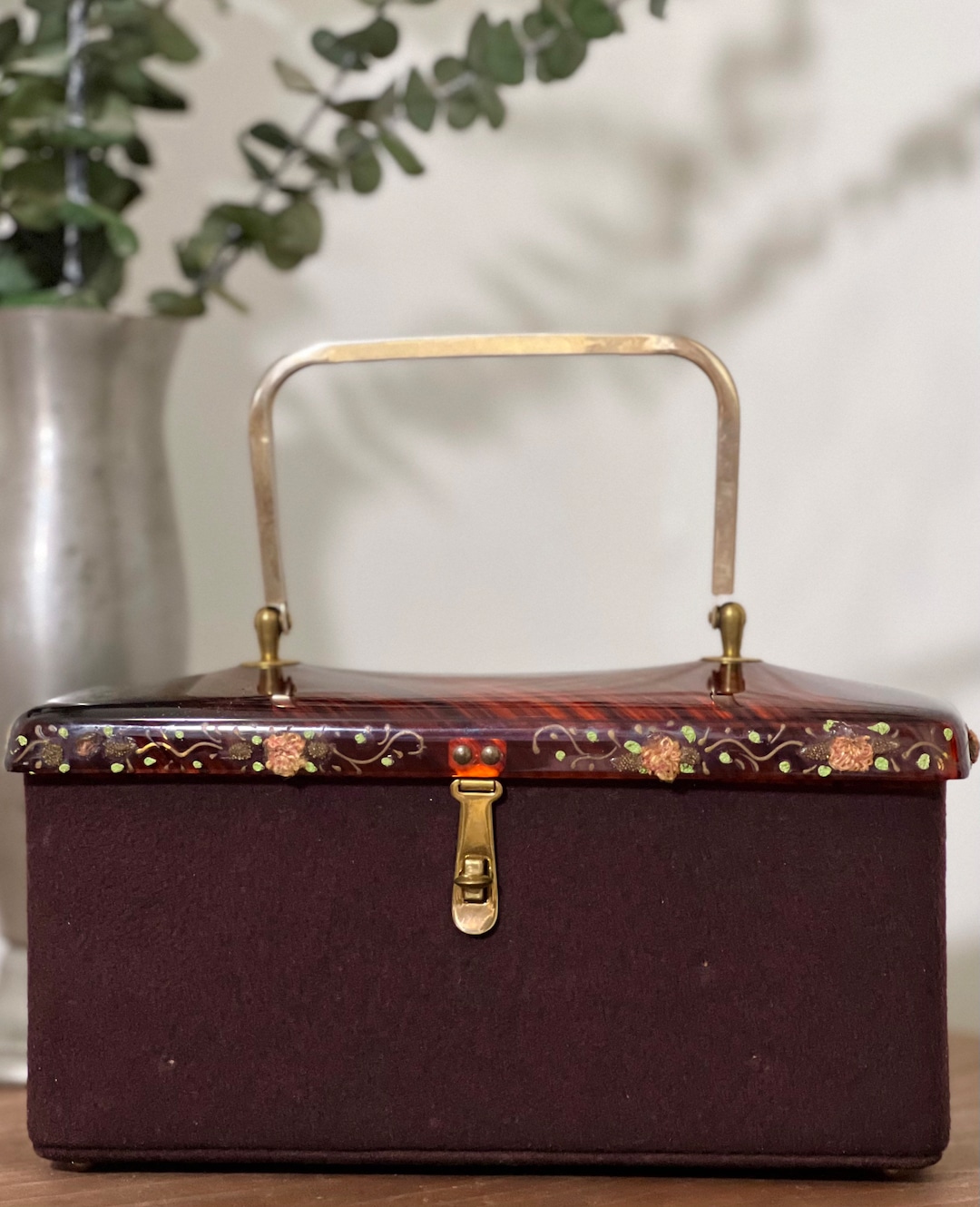 1950s Brown Lucite Acrylic Faux Tortoise Shell Box Bag, Vintage Top ...