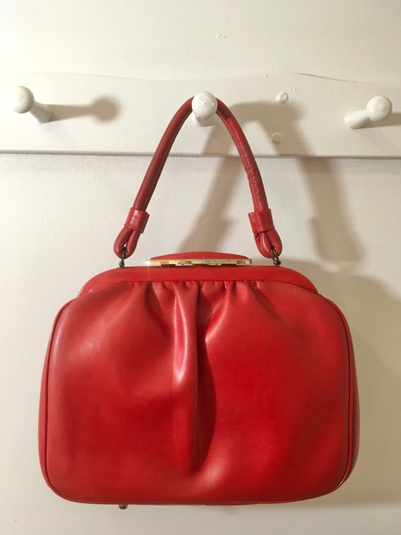1950s 1960s Red Vinyl Top Handle Handbag, Vintage Ret… - Gem
