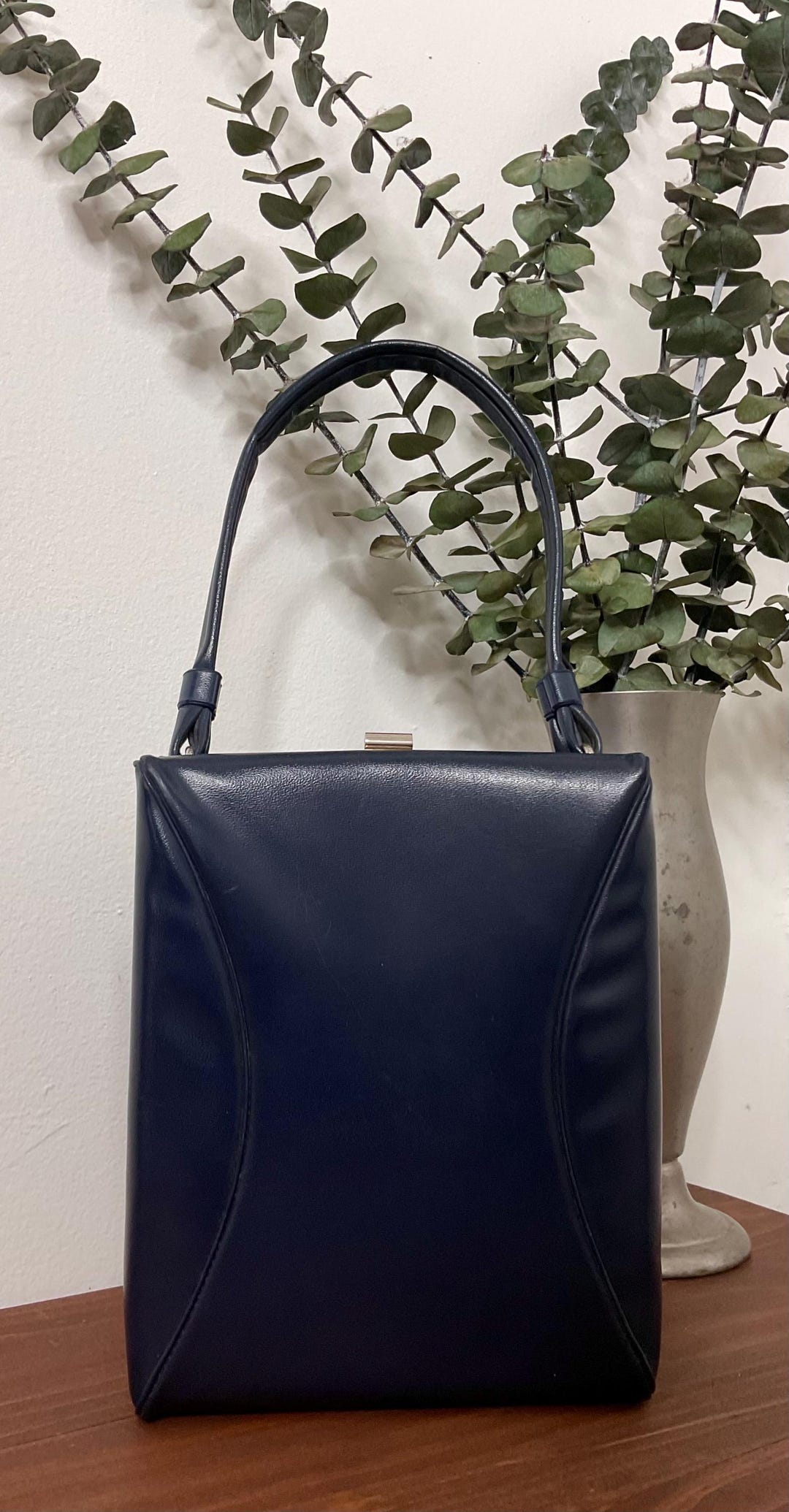 1950s Deep Navy Blue Vinyl Tall Top Handle Handbag, Vintage Blue Purse ...