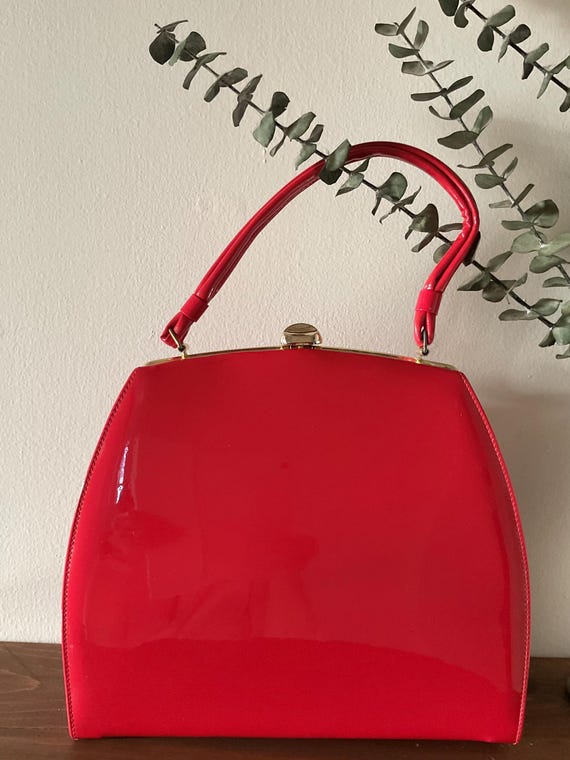 1950s 1960s Red Vinyl Top Handle Handbag, Vintage Pur… - Gem