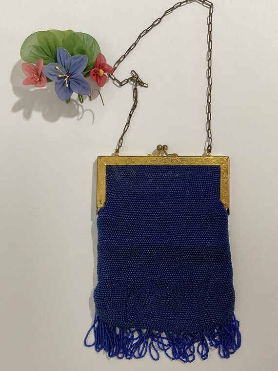 1900s Art Nouveau Flapper Blue Glass Beaded Purse, An… - Gem