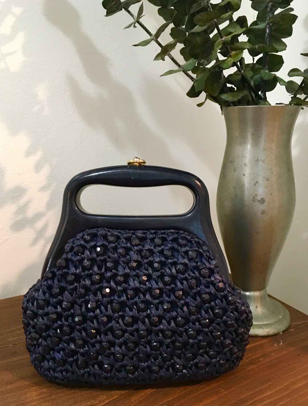 1960s Navy Blue Beaded Purse, Vintage Made in Italy Handbag, Mid ...