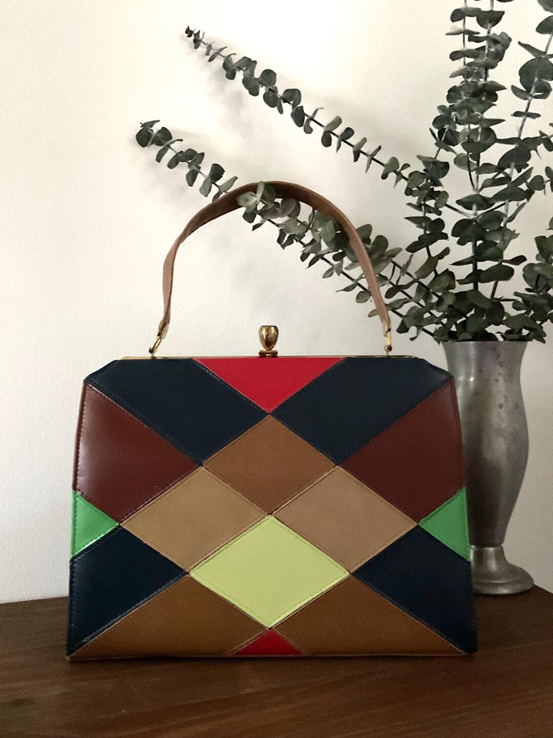 1960s 1970s Structured Patchwork Vinyl Top Handle Handbag, Vintage Argyle Purse, Vintage ...