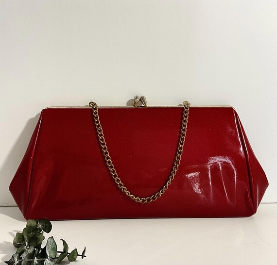 1950s 1960s Cherry Red Patent Leather Vinyl Purse, Vi… - Gem