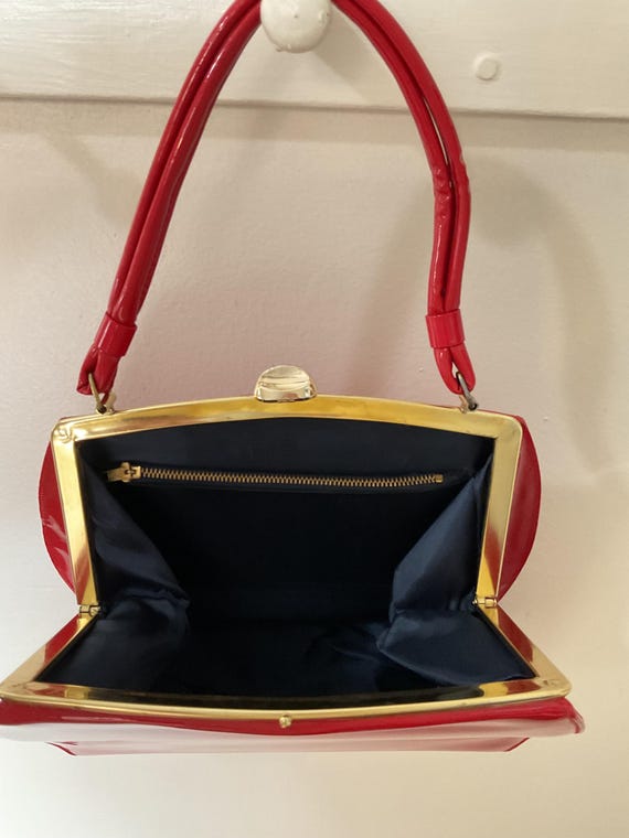 1950s 1960s Red Vinyl Top Handle Handbag, Vintage Pur… - Gem