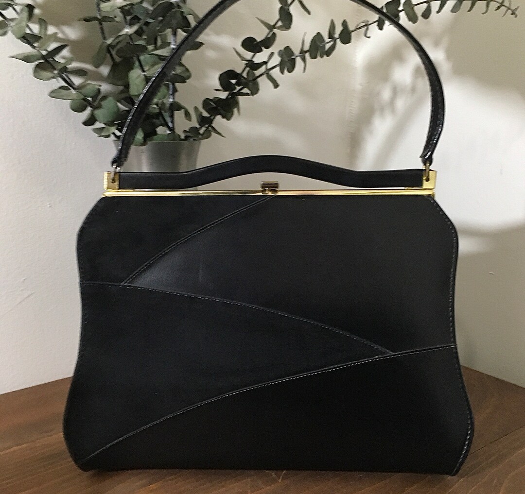 1950s 1960s Black Vinyl Suede Life Stride Purse, Vintage Top Handle ...