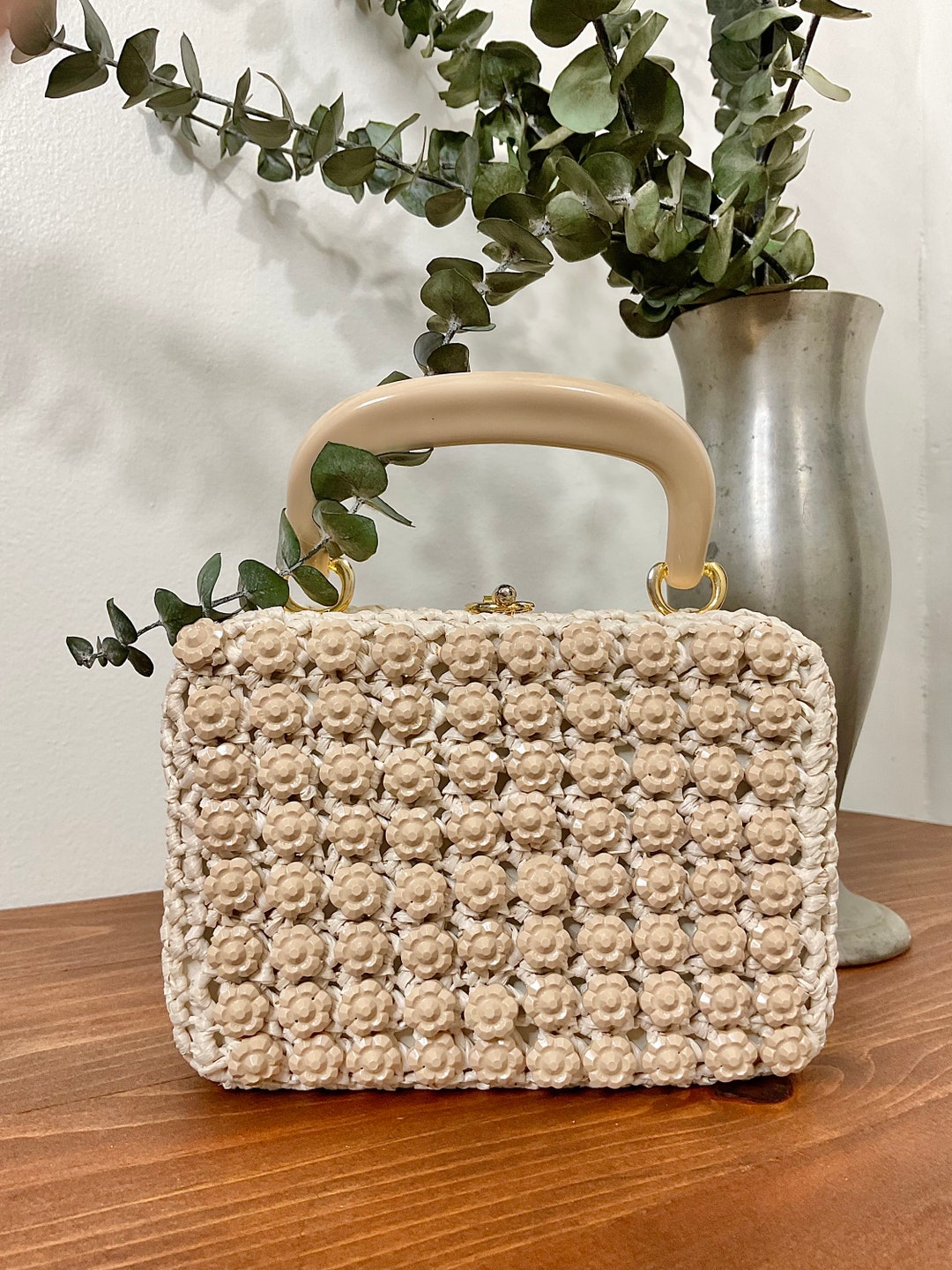 1950s 1960s Italian Crocheted Beige Raffia Top Handle Box Bag, Vintage ...