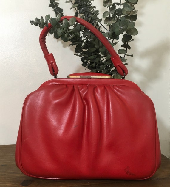 1950s 1960s Red Vinyl Top Handle Handbag, Vintage Ret… - Gem