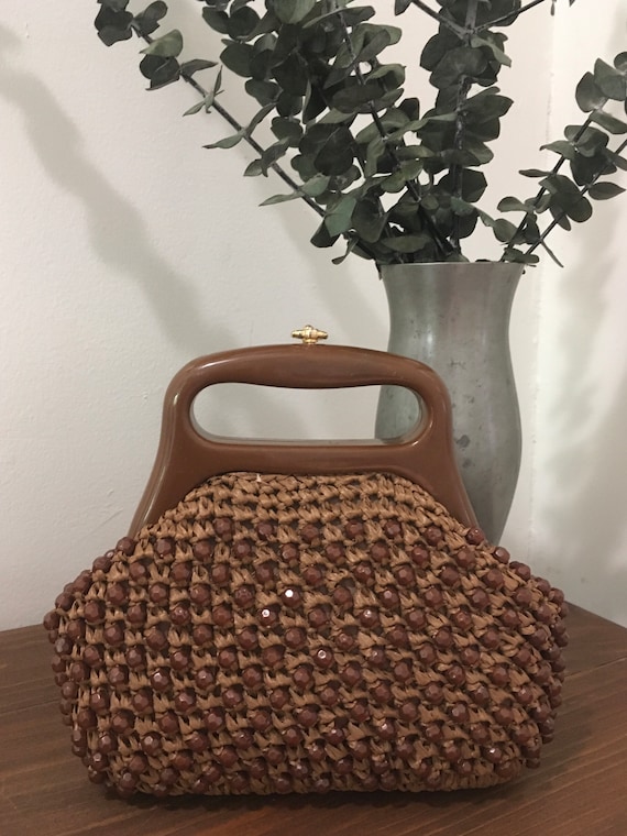 1960s Brown Raffia Beaded Purse, Vintage 60s Made In … - Gem