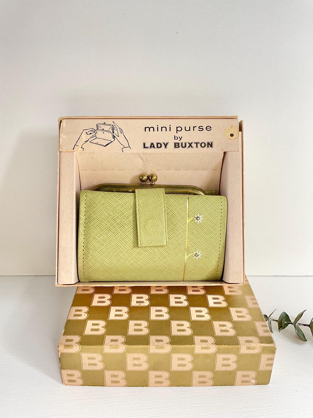 1960s NOS W/box Lady Buxton Mini Purse, 60s Green Daisy Wallet Billfold ...