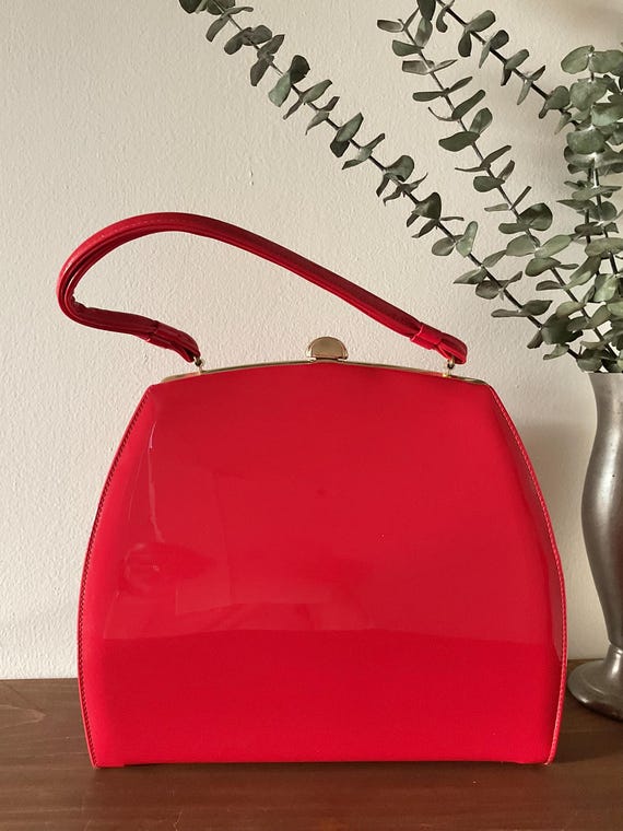 1950s 1960s Red Vinyl Top Handle Handbag, Vintage Pur… - Gem