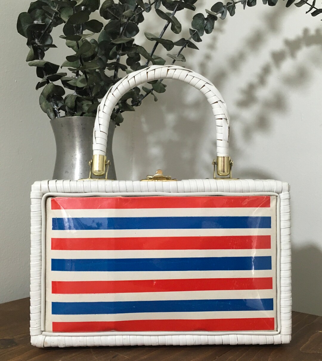 Vintage White Wicker Handbag, Red White Blue Insert, 1950s Simon Purse ...