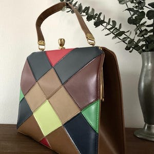 1960s 1970s Structured Patchwork Vinyl Top Handle Handbag, Vintage Argyle Purse, Vintage ...