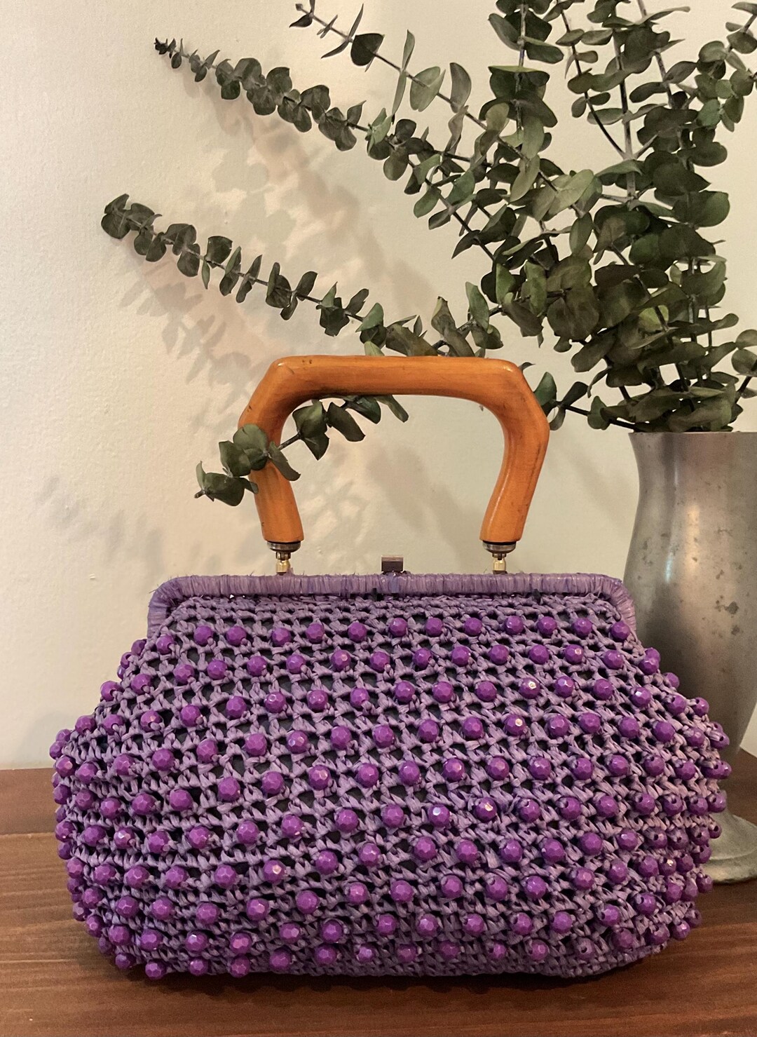 1950s 1960s Styled by Simon Purple Bead & Raffia Top Handle Handbag ...