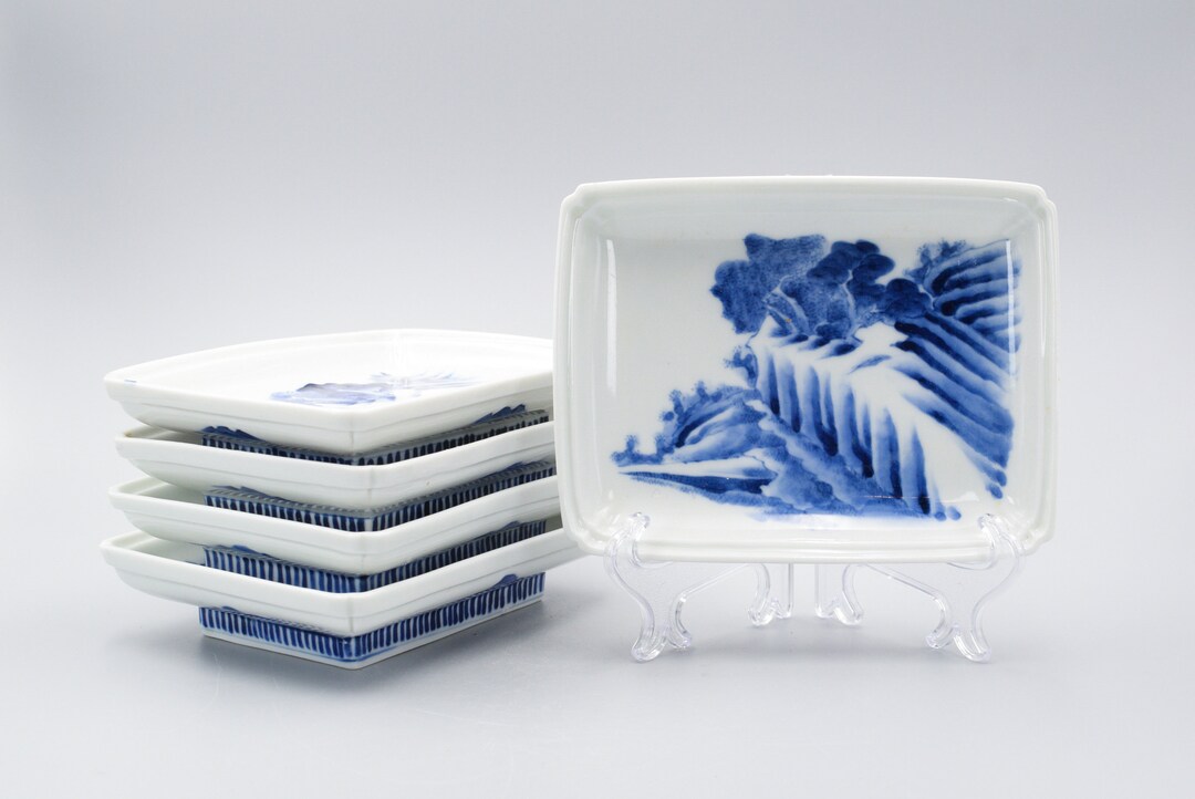 Set of Five Antique Japanese Blue and White Porcelain Arita Hand ...