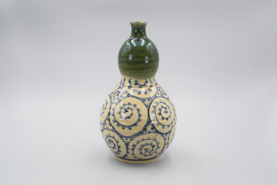 Antique Japanese Pottery Double Gourd Green Glaze With Blue Tako ...