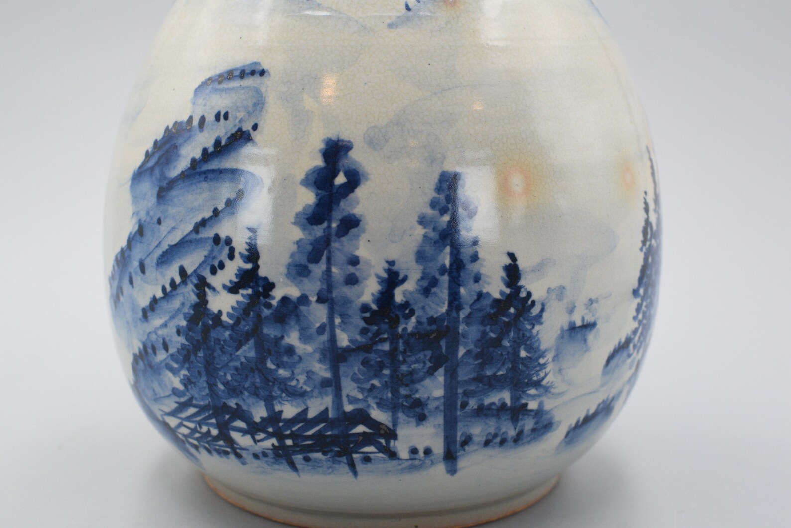 Vintage Japanese Studio Pottery Blue and White Landscape Scene Long ...