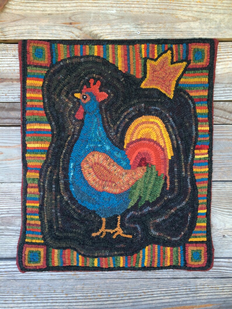 Rooster, Folk Art, Blue Rooster, Primitive, Hooked Rug, Wall Hanging - Etsy