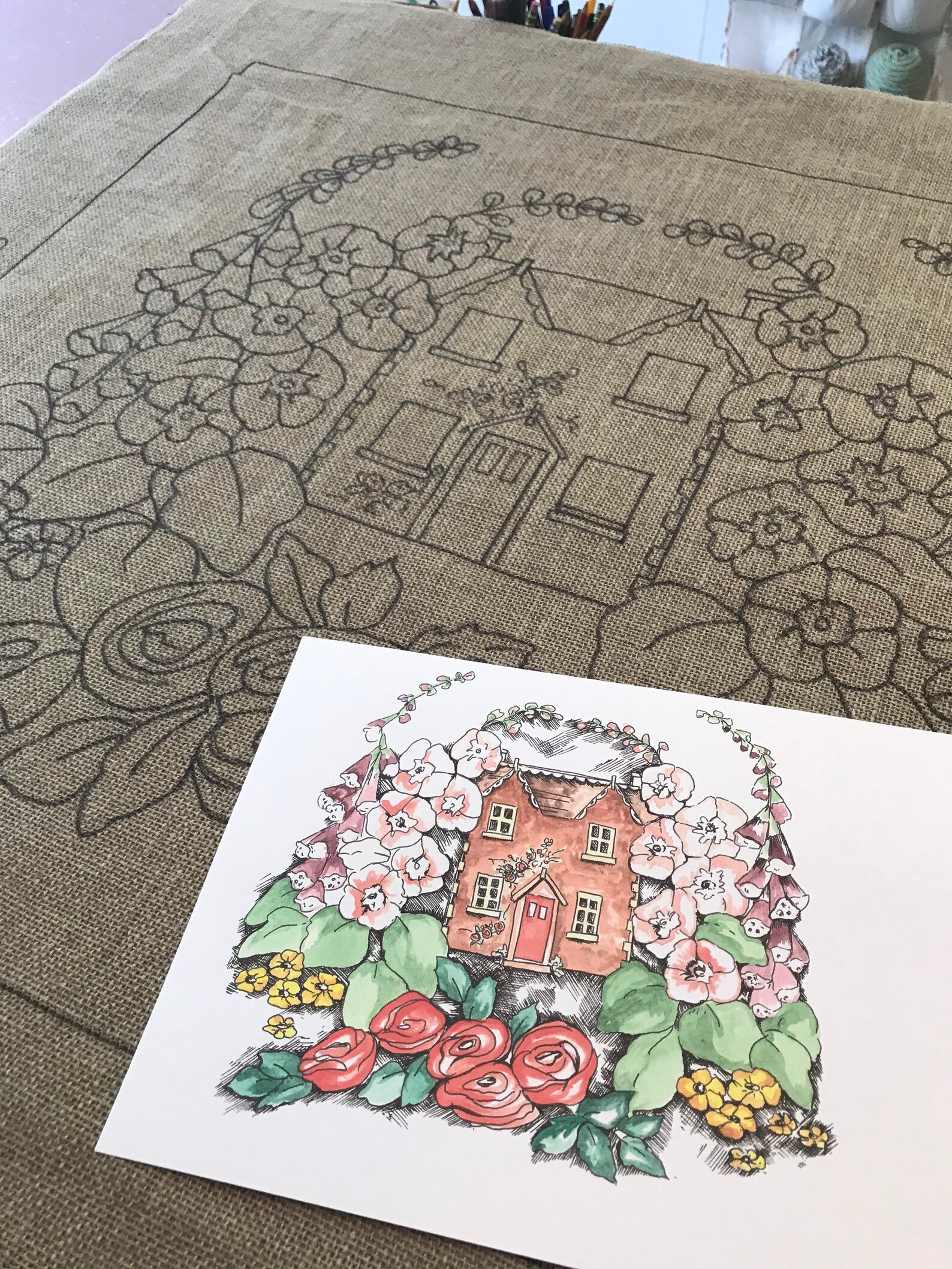 English Cottage Rug Hooking Pattern: Hollyhocks & Foxgloves on ...