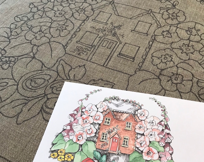 English Cottage, Rug Hooking Pattern, Primitive Linen, Hollyhocks and ...