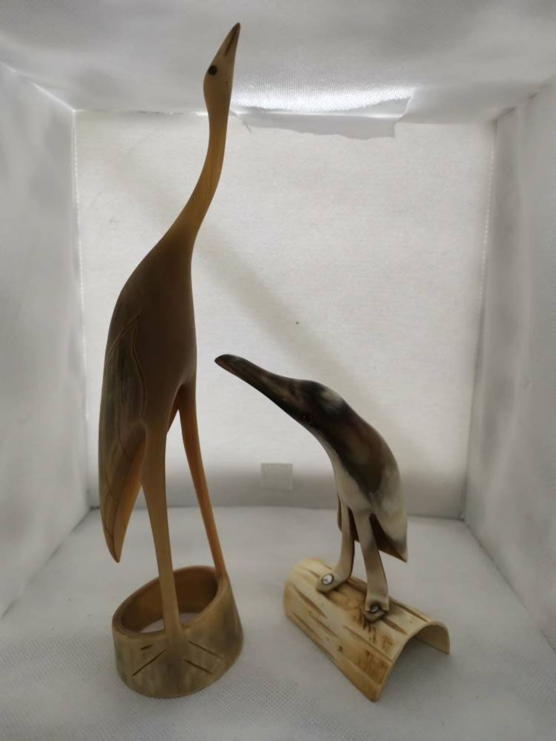 Pair of Vintage Carved Horn Mid Century Modern Birds. Crane and Penguin ...