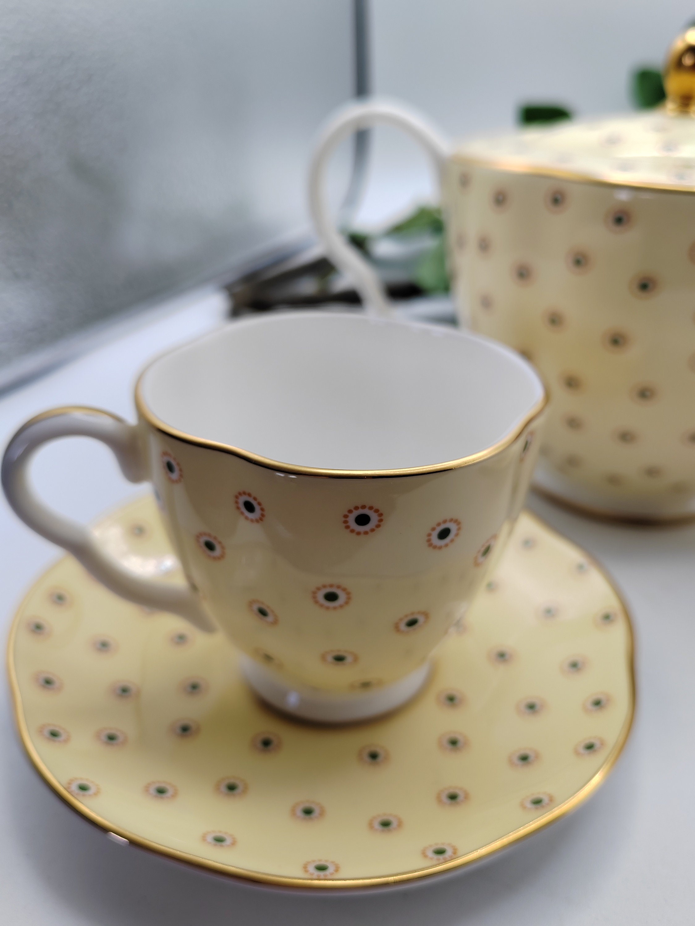 Beautiful Wedgwood Harlequin Polka Dot, Two for Tea Set in Lemon Yellow ...