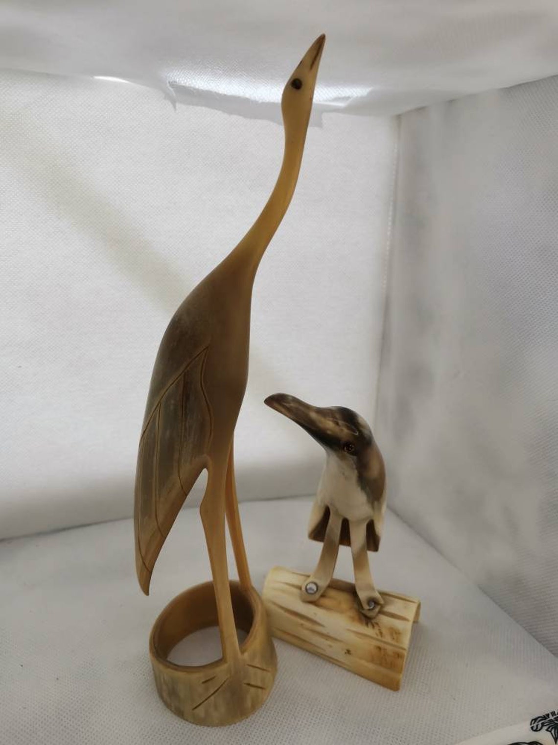 Pair of Vintage Carved Horn Mid Century Modern Birds. Crane and Penguin ...