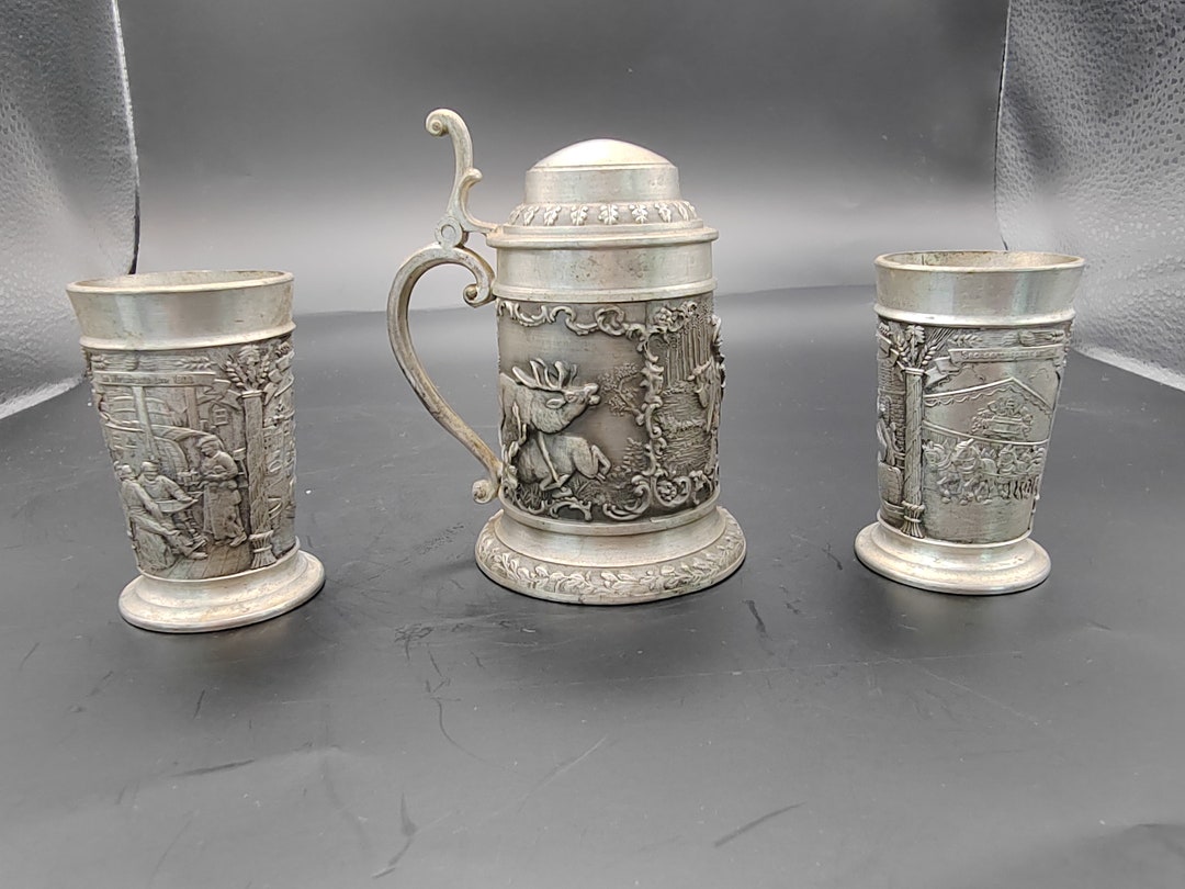 Wonderful Set of Three Pewter Bar Items, Pewter Miniature Tankard Stein ...