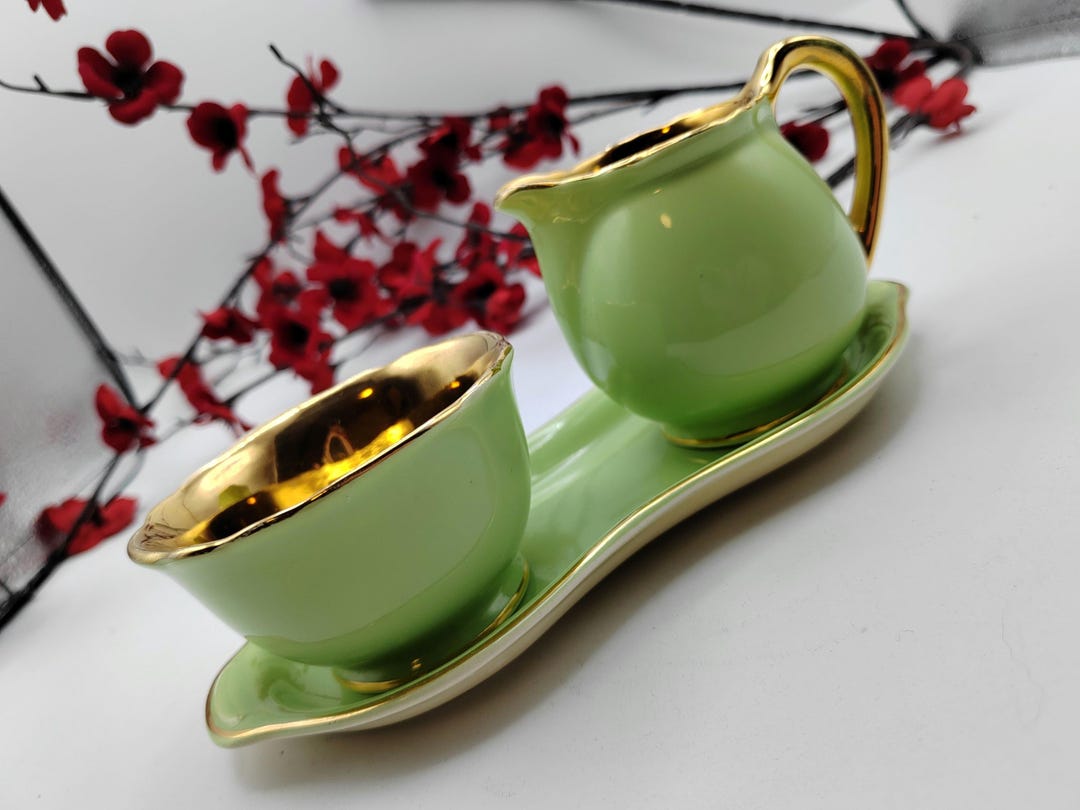 Lovely Rare Crown Devon Green Gilt Sugar Bowl and Cream Jug on Tray ...