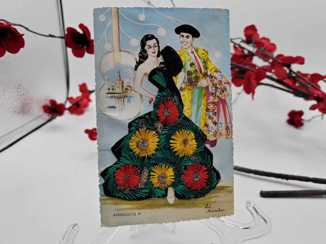 Superb Embroidered Spanish Postcard. Andalucia. Flamenco, Bull Fighter ...