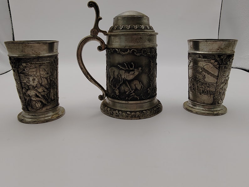 Wonderful Set of Three Pewter Bar Items, Pewter Miniature Tankard Stein ...