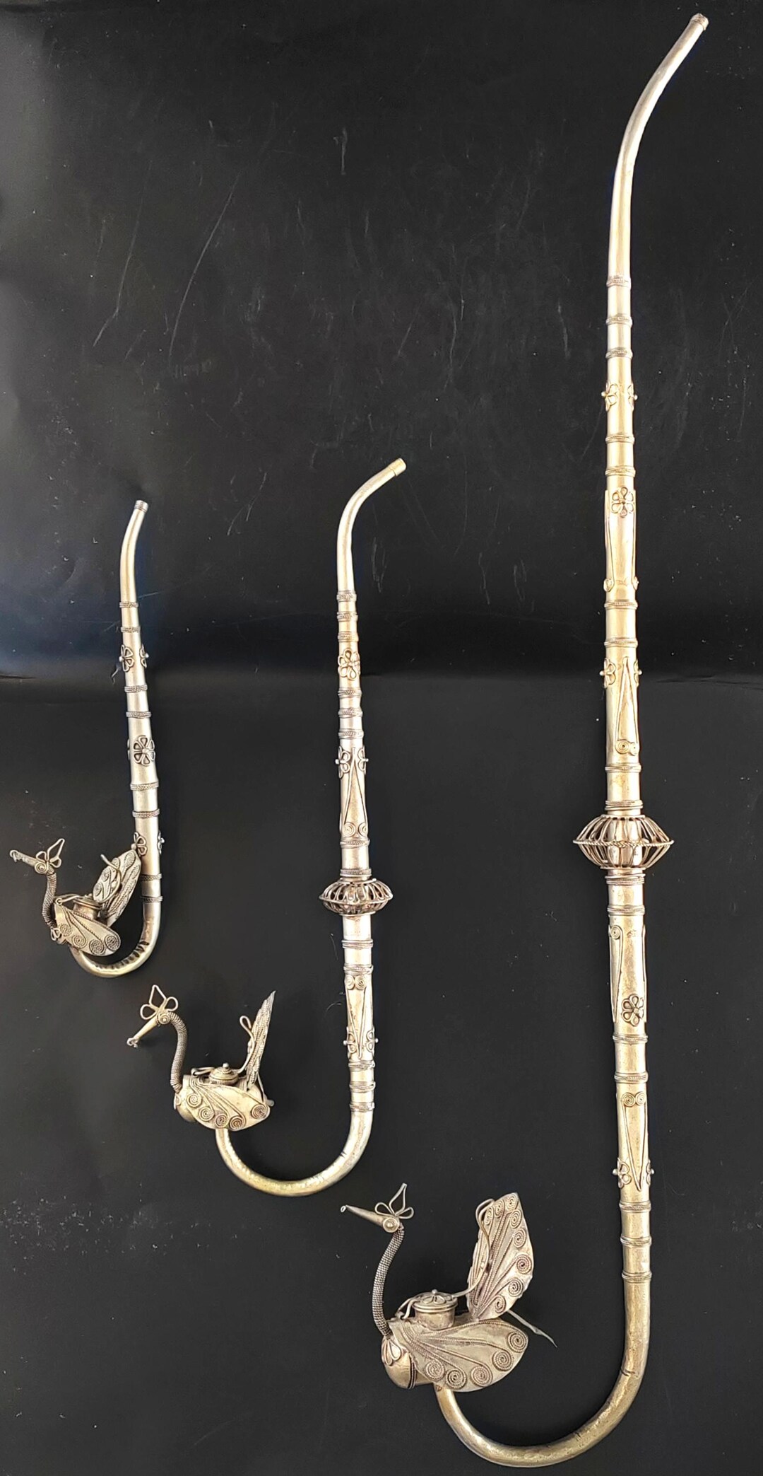 Wonderful Rare Set of Three Matching Tibetan Paktong Filigree Smoking ...