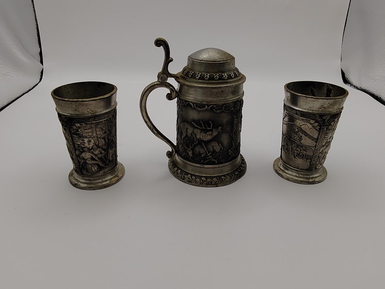 Wonderful Set of Three Pewter Bar Items, Pewter Miniature Tankard Stein ...