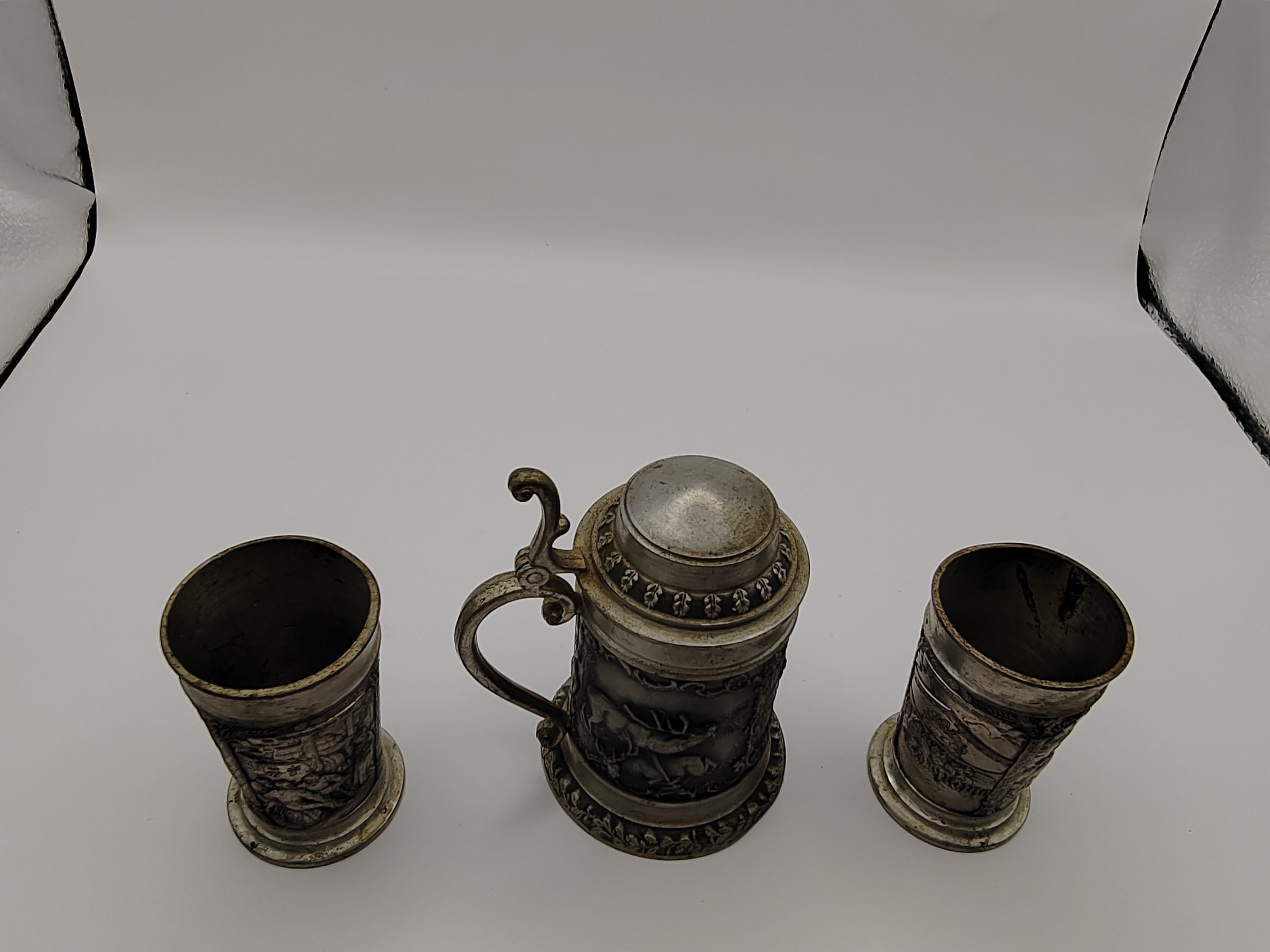 Wonderful Set of Three Pewter Bar Items, Pewter Miniature Tankard Stein ...