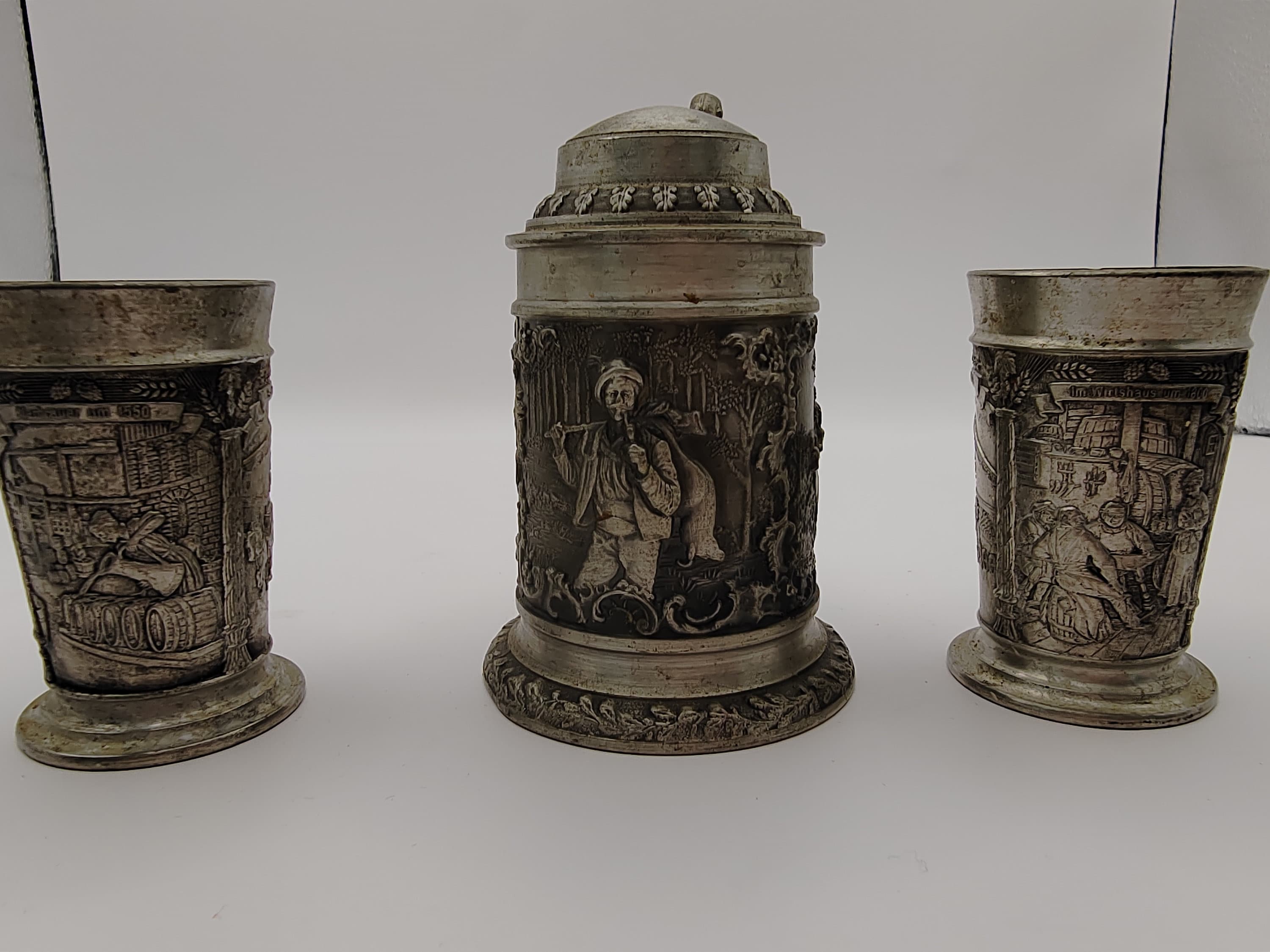Wonderful Set of Three Pewter Bar Items, Pewter Miniature Tankard Stein ...