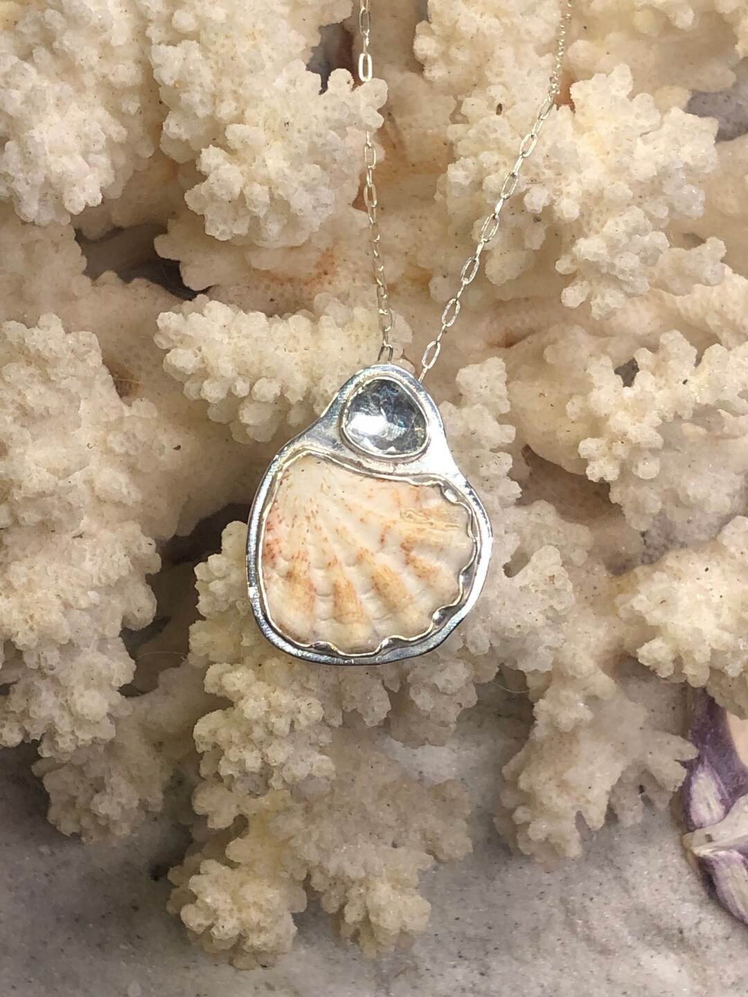 Womens Sea Shell Necklace Kitten Paw Shell With Aquamarine Sterling ...