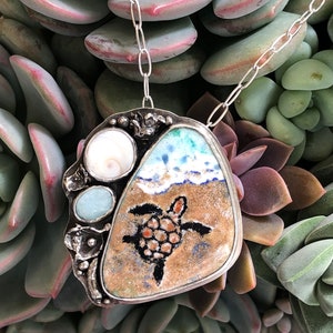 Vitreous Enamel ~ Sea Turtle Necklace With Larimar and Operculum Shell ...